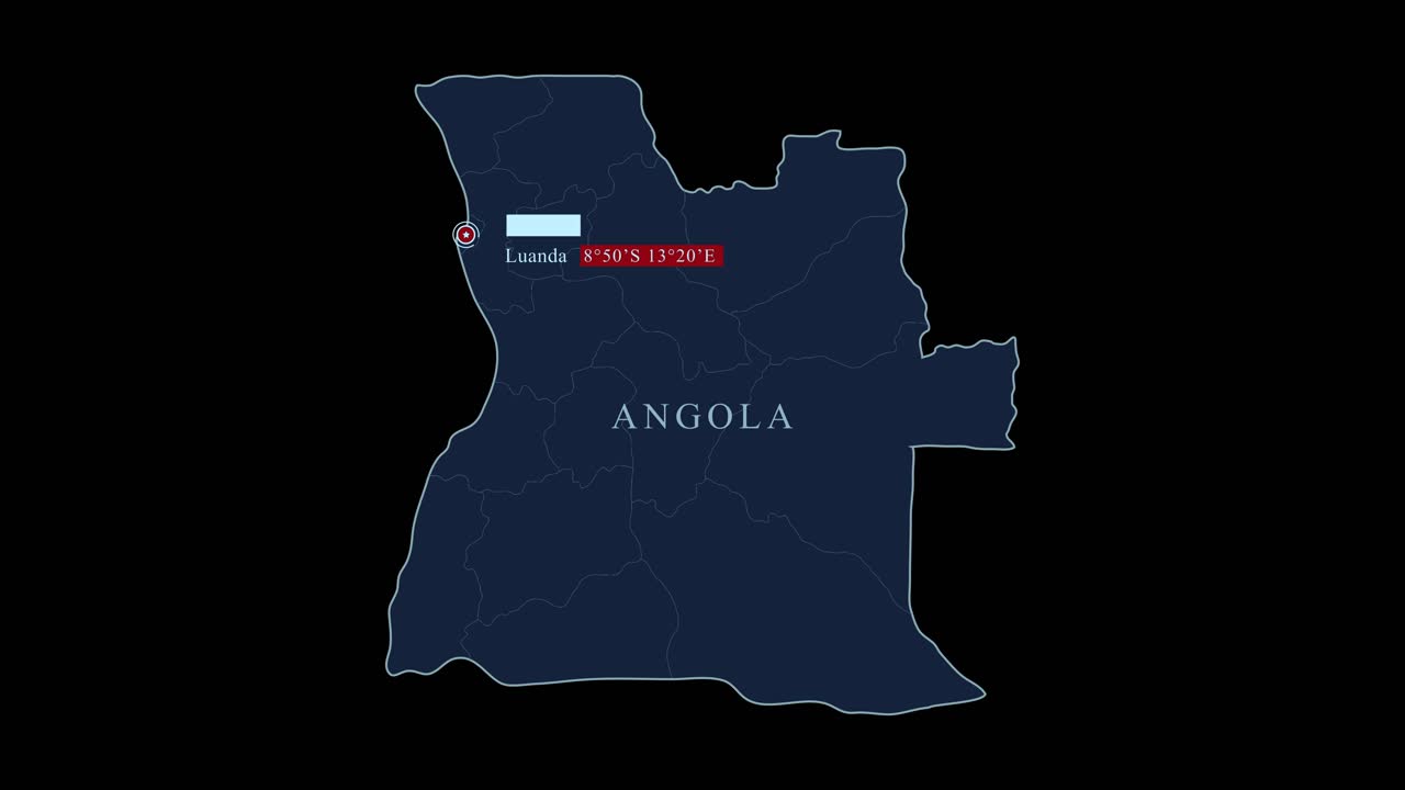 Angola Blue Map With Luanda Capital City And Geographic Coordinates On ...