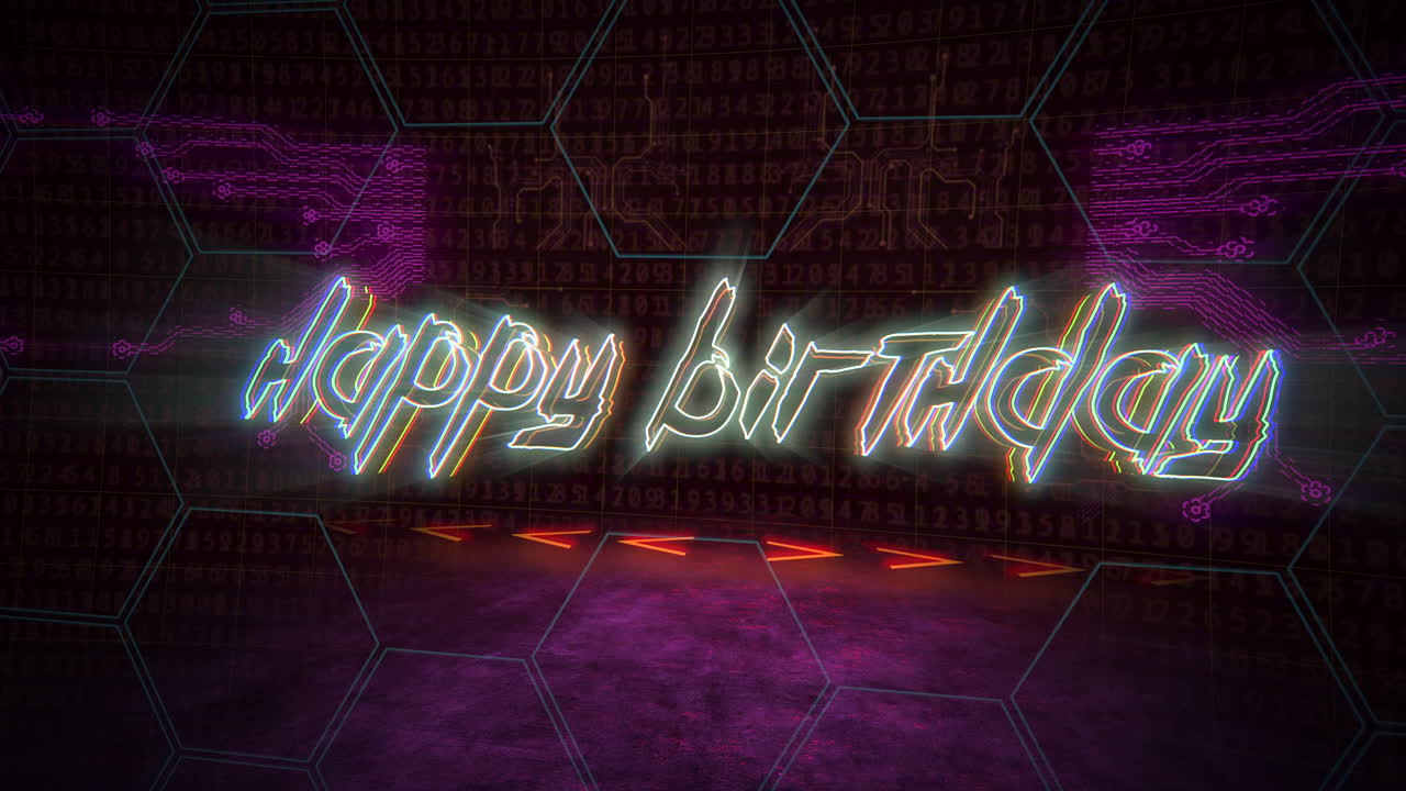 Premium stock video - Happy birthday with cyberpunk matrix and hud elements