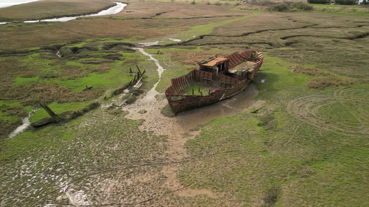 Rusted Ship Carcass On Muddy Salt Marsh At Fleetwood Marshes Nature ...