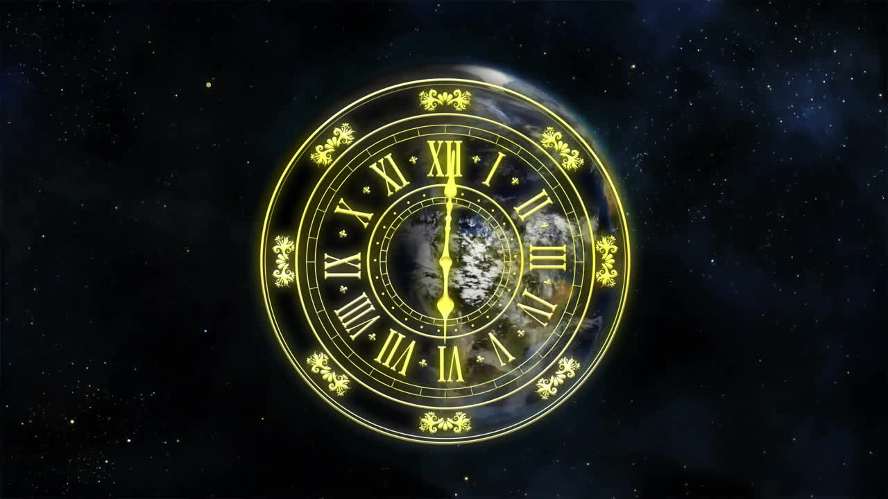 Animation of clock showing midnight and spots of light on black ...