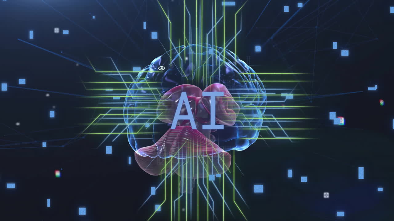 Premium stock video - Animation of ai text over digital brain spinning and data processing