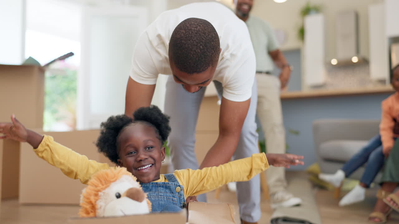 Premium stock video - Father, playing and child in a box while moving