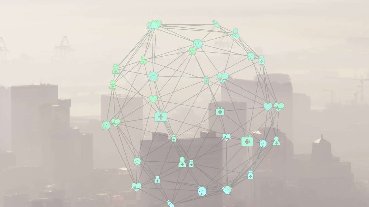 Animation of globe of medical icons spinning against aerial view of ...