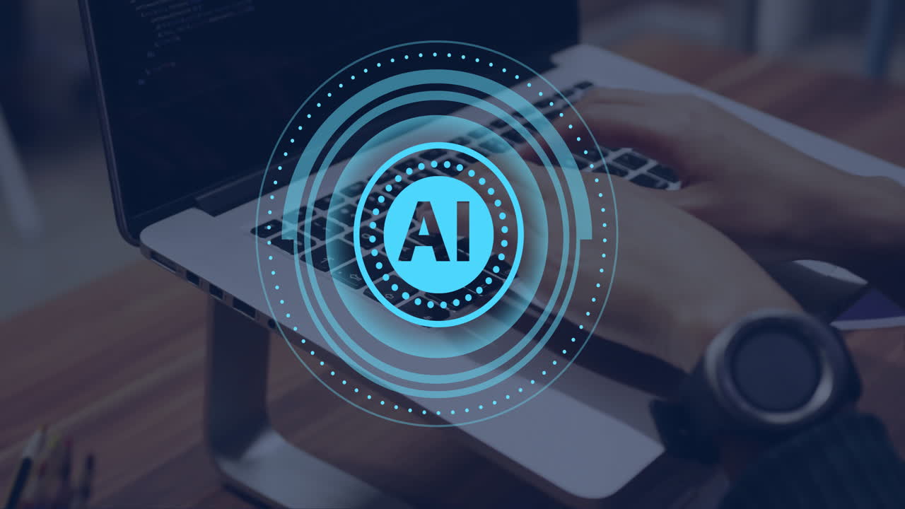 Animation of ai data processing over caucasian woman using computer ...