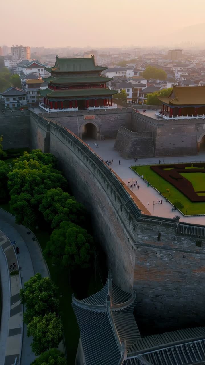 Aerial View of Ancient City Wall and Gate in China at Sunset | Premium ...
