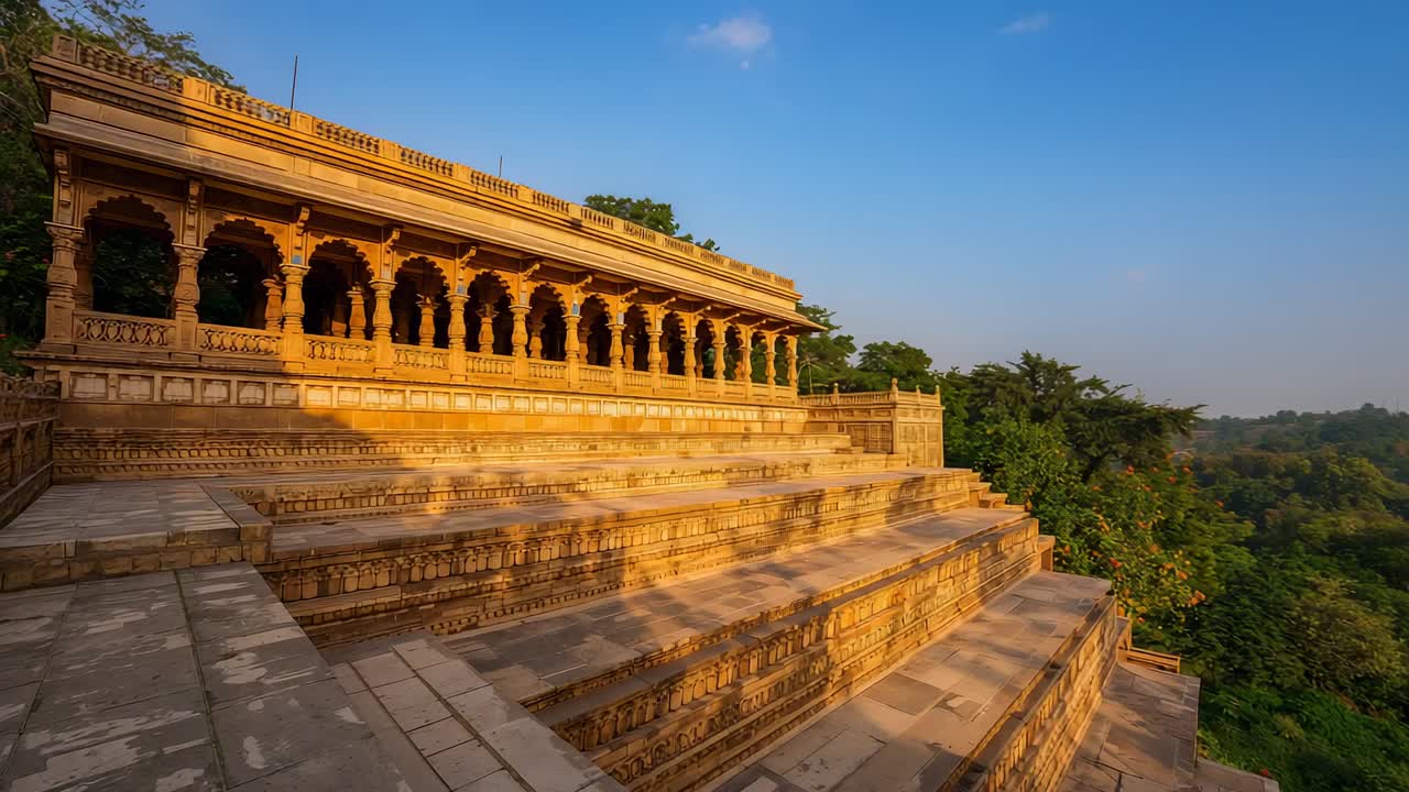 Panning camera on hillside capturing ornate colonnade, carved steps ...