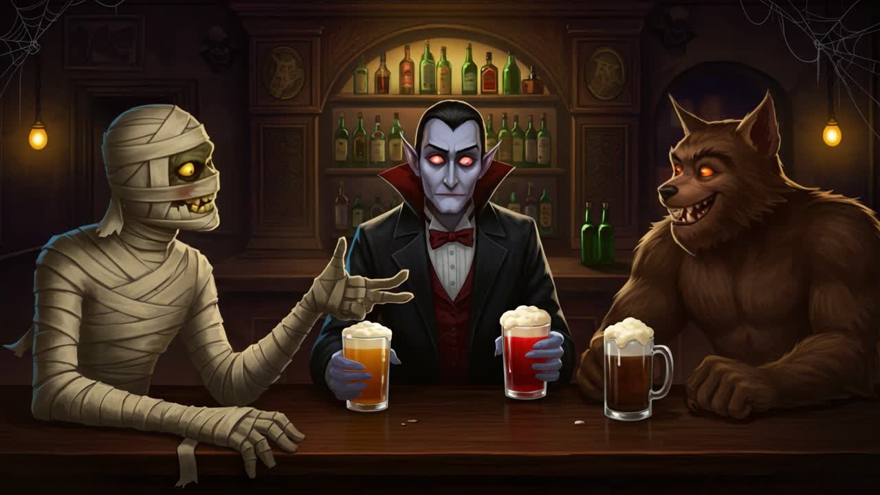 A Spooky Gathering: Mummy, Vampire, and Werewolf Enjoying Drinks in a ...
