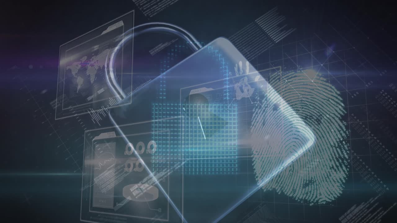 Animation of padlock icon over data processing and fingerprint on black ...