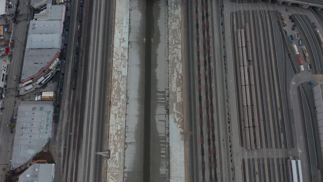 AERIAL: Overhead , Birds Eye View On Los Angeles River With Water On ...