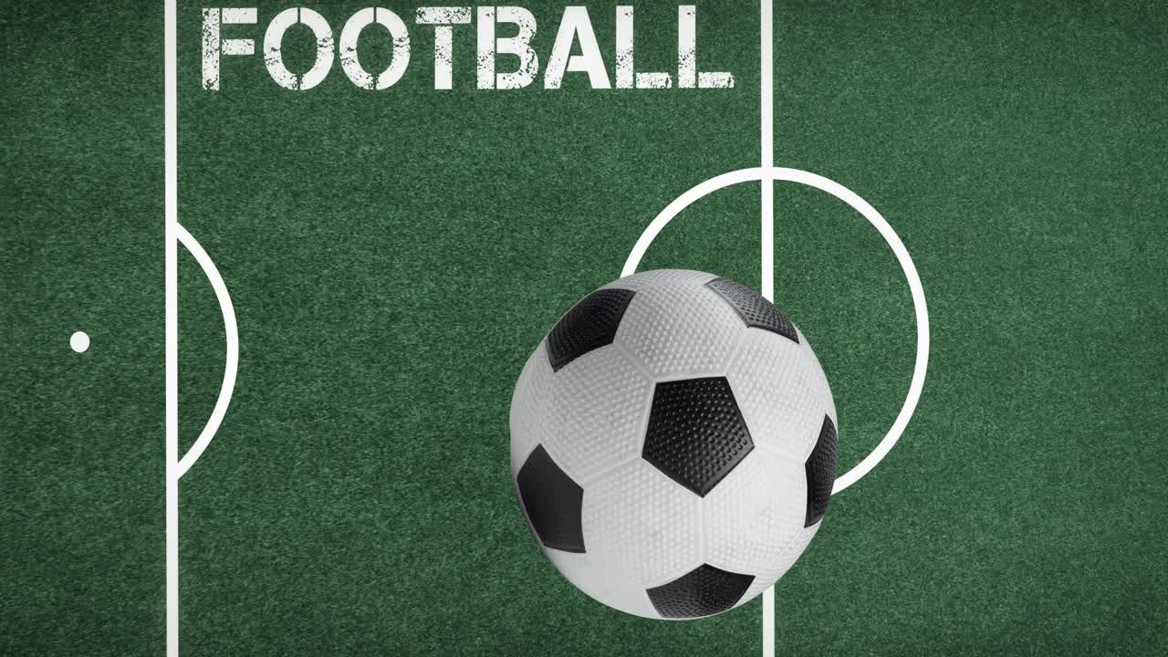 Animation of football rolling across football field and text in ...