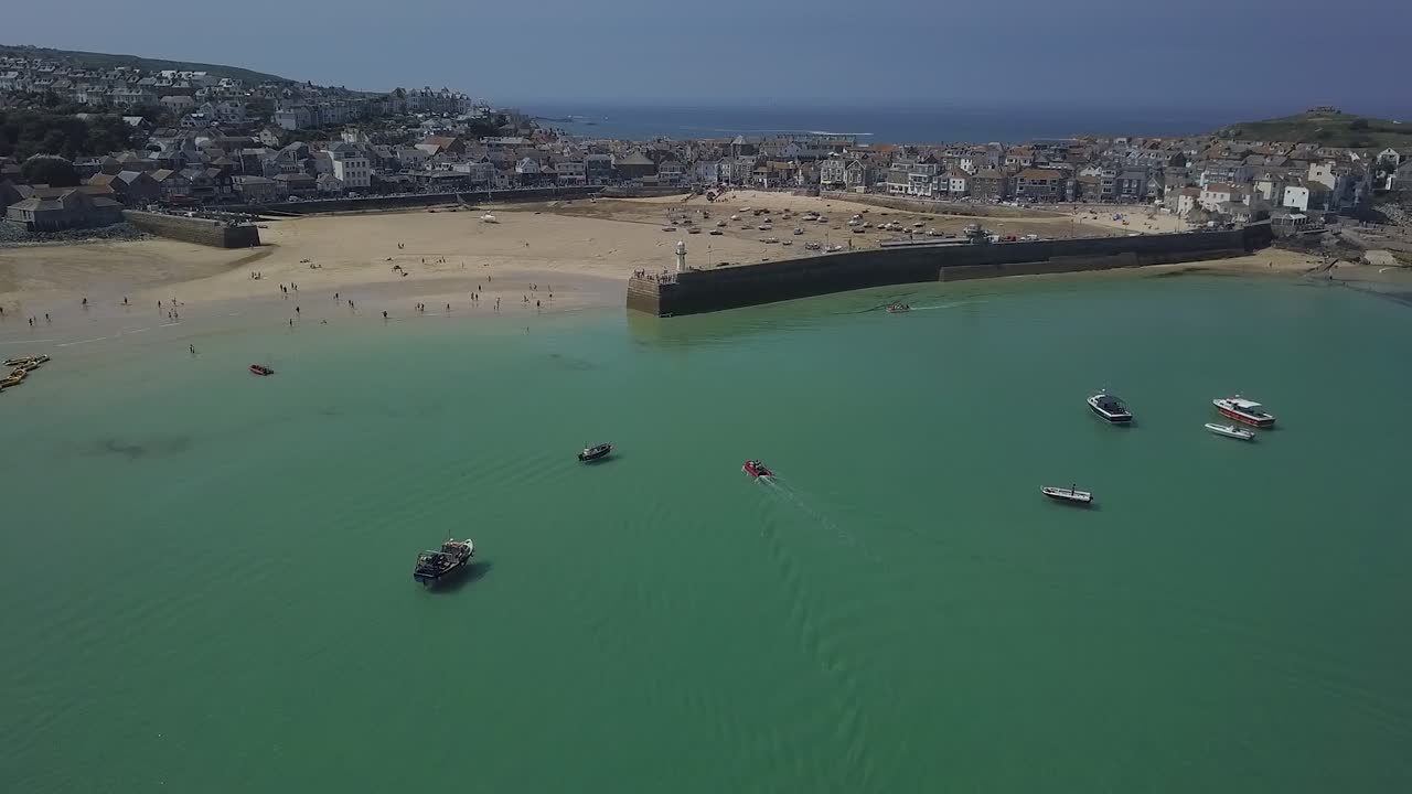 St Ives Town In Cornwall, Boats In Shallow Coastal Water, UK, Aerial ...