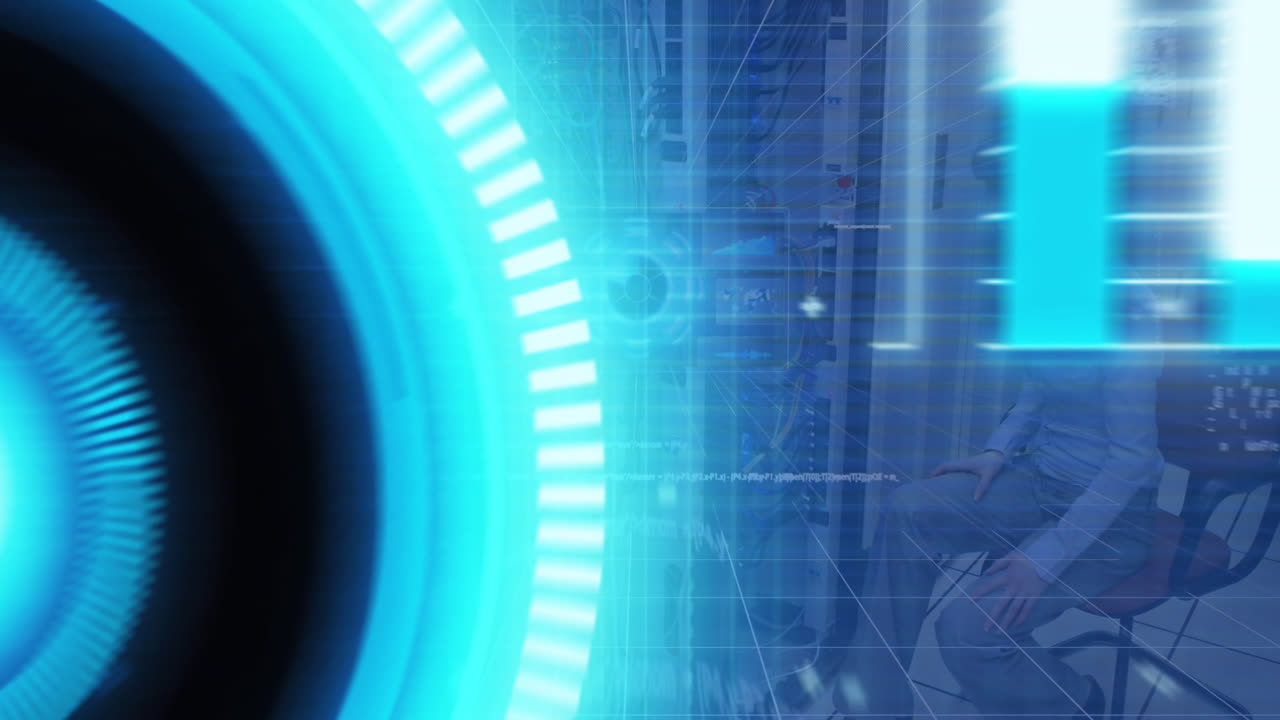 animation of processing circle over data and caucasian woman checking ...