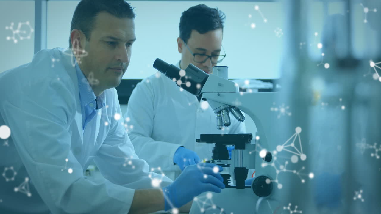 animation of molecules and connections over diverse male scientists using microscope at ...