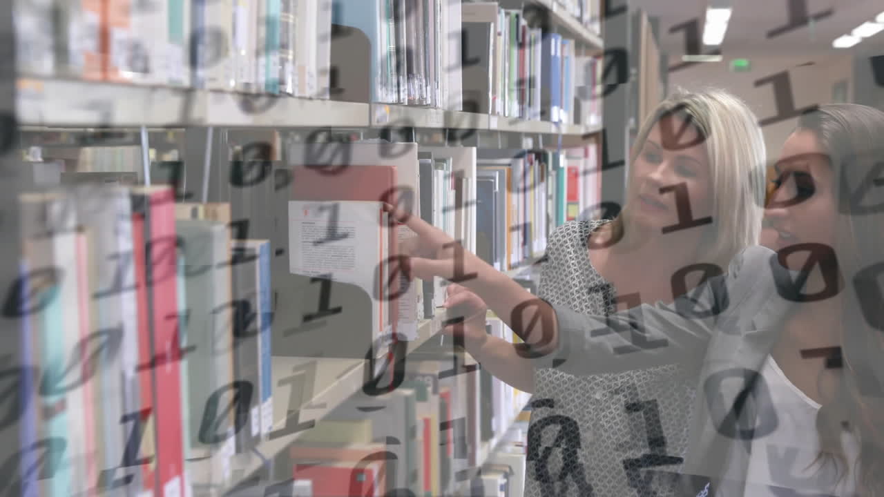 Premium Stock Video Binary Code Animation Over People Browsing Books