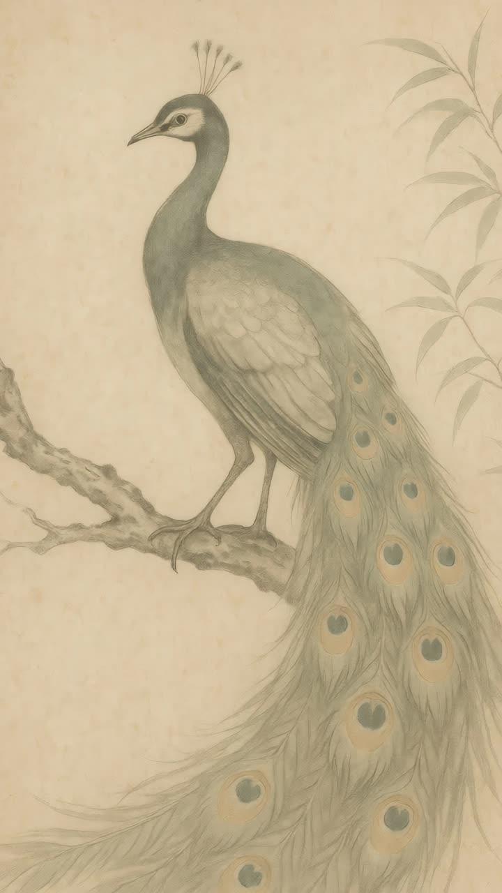 Elegant peacock illustration in vintage style, side view angle | Vídeo ...