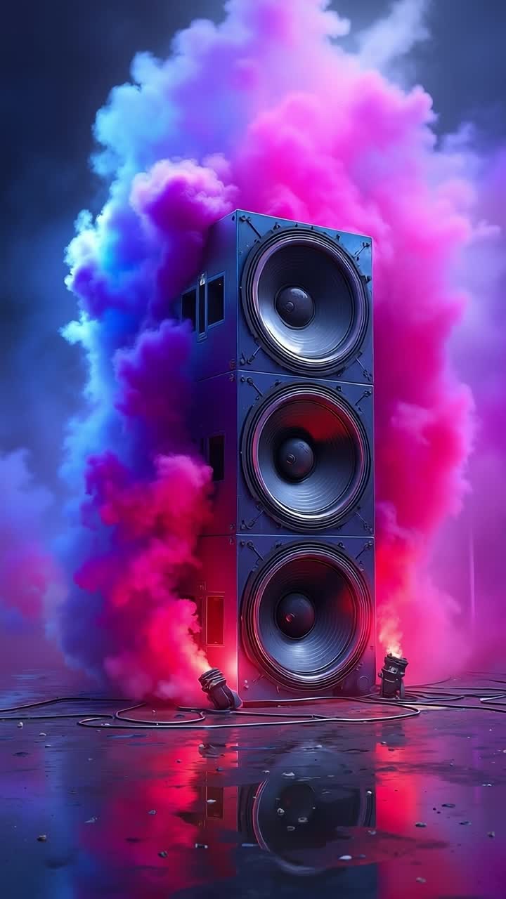A speaker with smoke coming out of it on a wet floor | Premium Stock ...