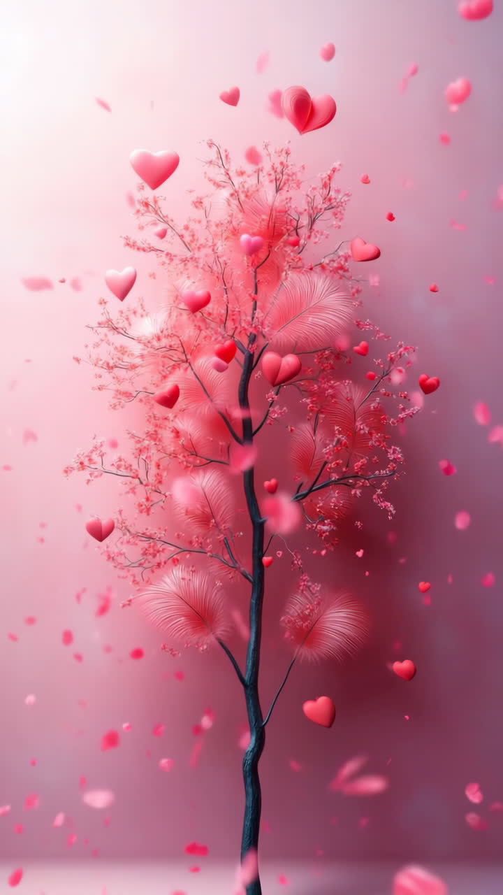 Romantic heart tree with falling petals. A vibrant tree adorned with ...