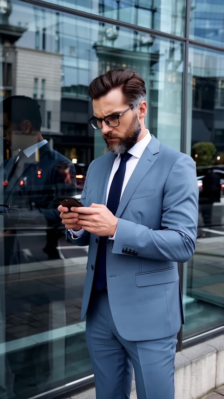 A man in a suit is looking at his cell phone | Premium Stock Video Footage