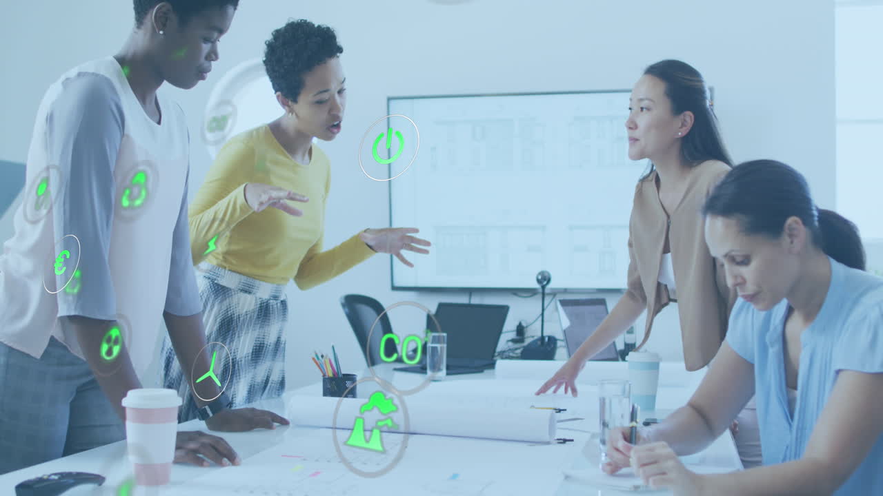 Animation of multiple icons, diverse female architects sharing ideas ...