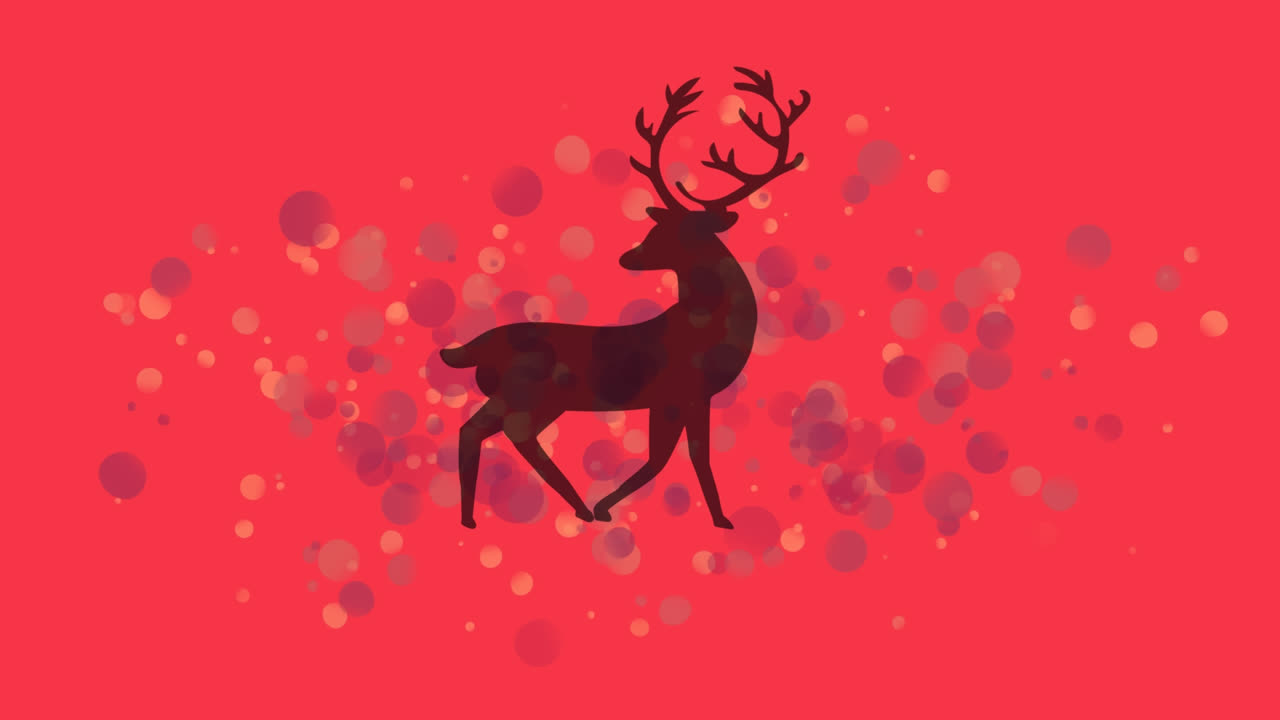 Purple spots of light over black silhouette of reindeer walking against ...