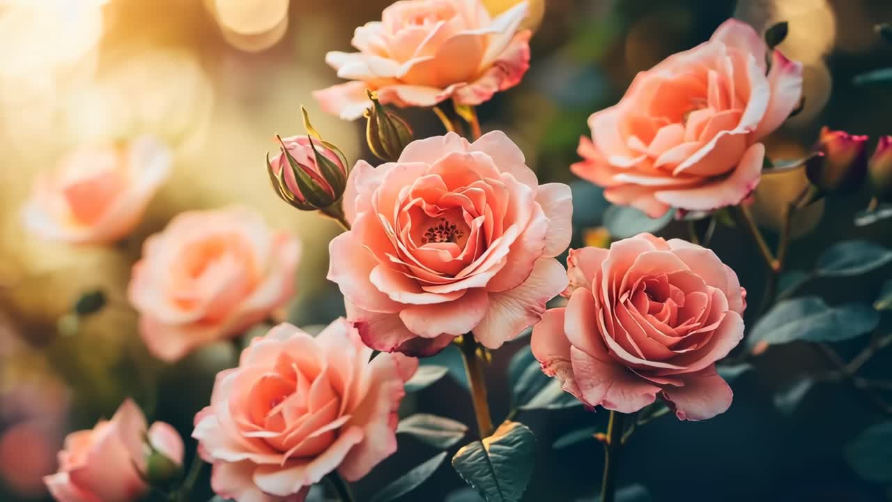 Close-up video of blooming pink roses in soft focus, captured at eye ...