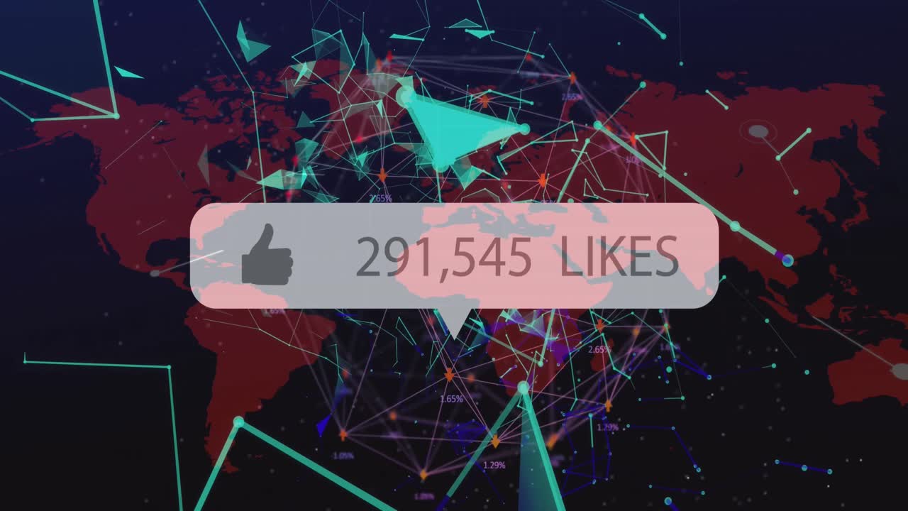 Animation Of Like Icon With Increasing Numbers Over Plexus Networks Against World Map Free Stock ...