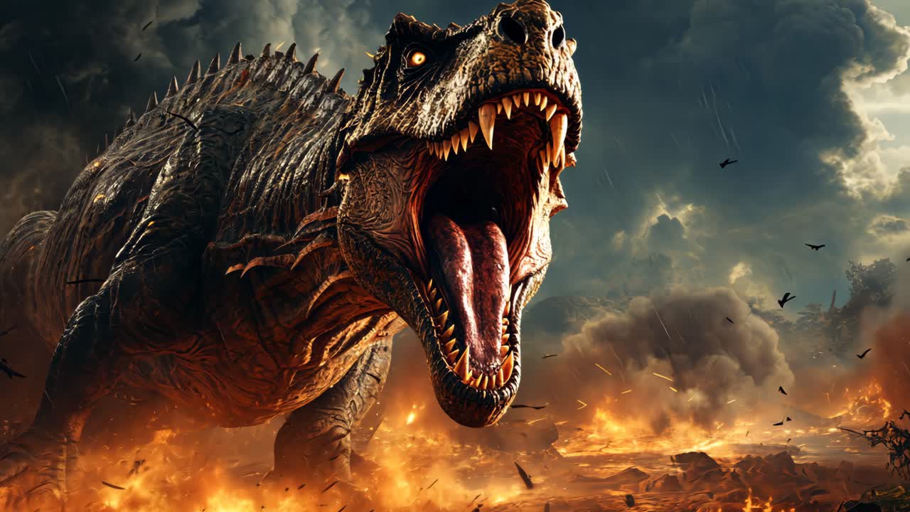 Dinosaur roaring with flames in a dramatic prehistoric landscape Phần ...