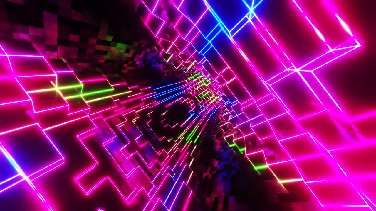 Abstract colorful lines coming out of a cube wall. Infinitely looped ...