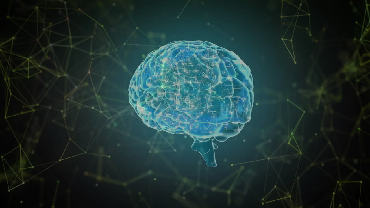 Premium stock video - Animation of spinning brain over shapes moving