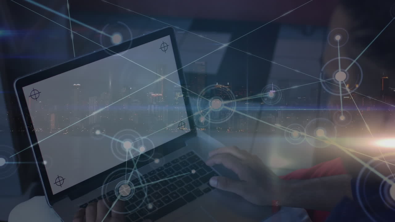 Animation of network of connections over biracial businessman using ...