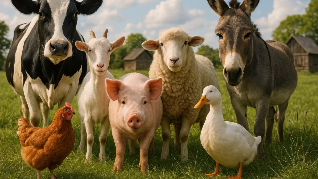 A whimsical video scene of farm animals, including a cow, goat, pig ...