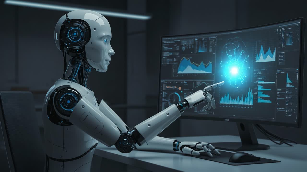 Futuristic Robot Analyzing Data on Dual Monitors with Advanced Graphics ...