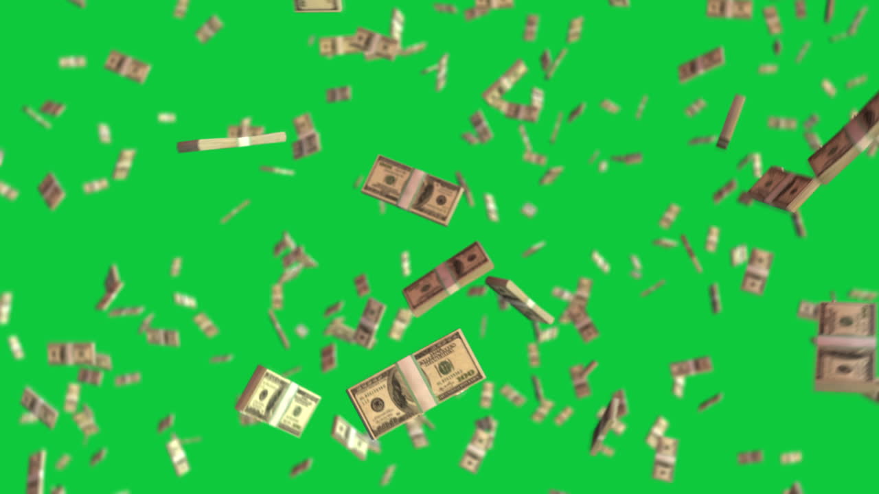 100 dollar bill stacks falling from sky on green screen background - 3d ...