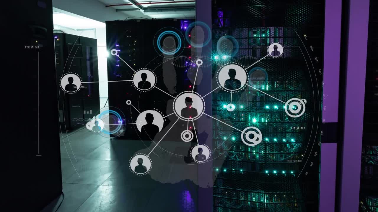 Network of profile icons against computer server room Premium Stock ...