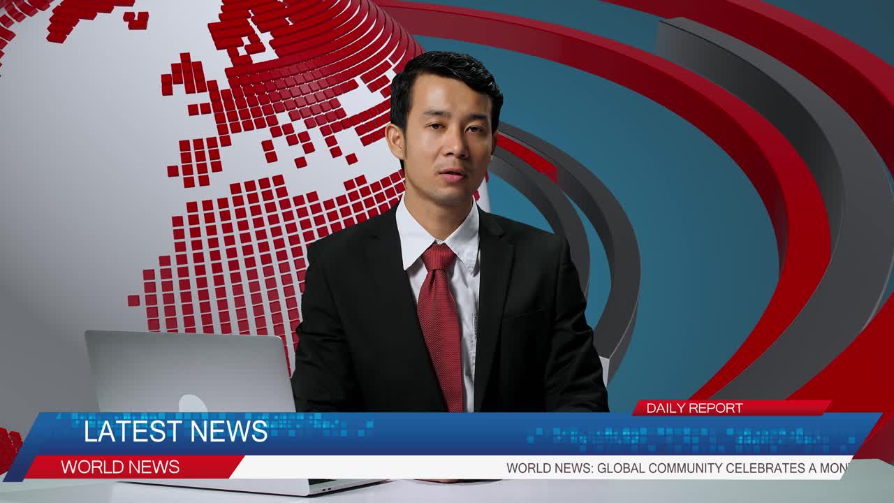 Live News Studio With Asian Professional Male Anchor Reporting On The ...