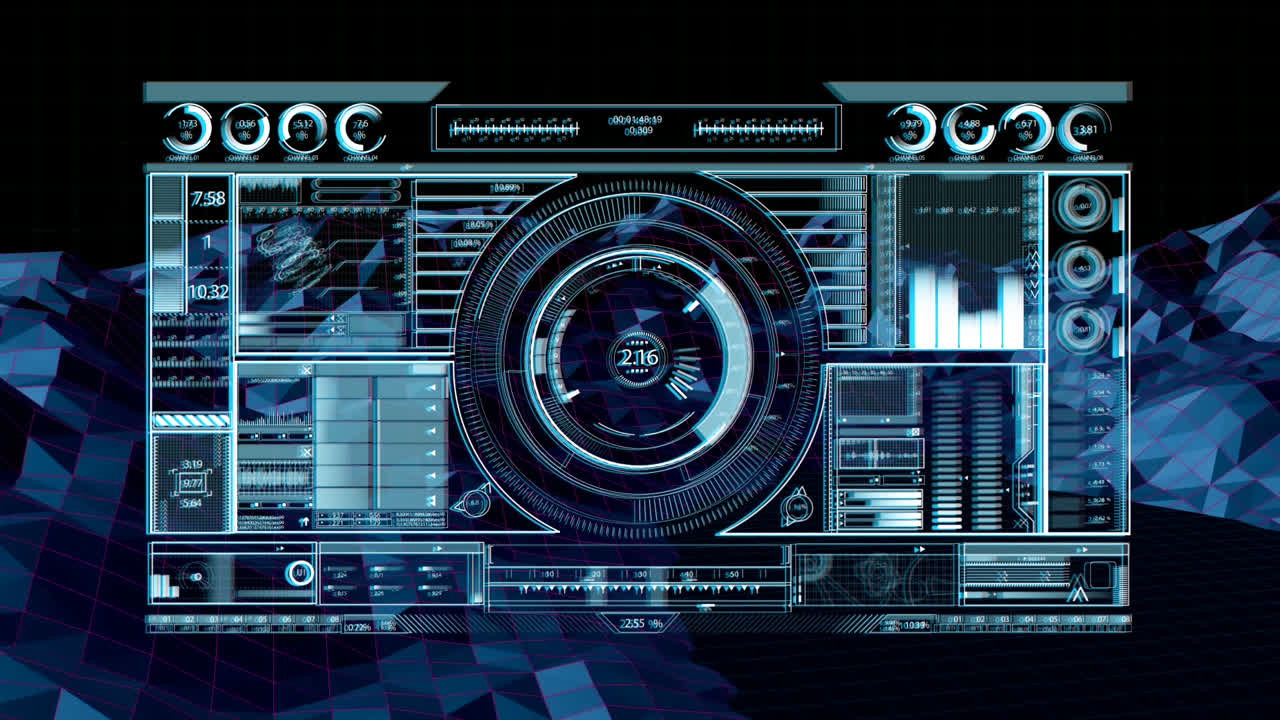 Vídeo Premium - Mesa de mezcla digital animada con un fondo de montañas ...