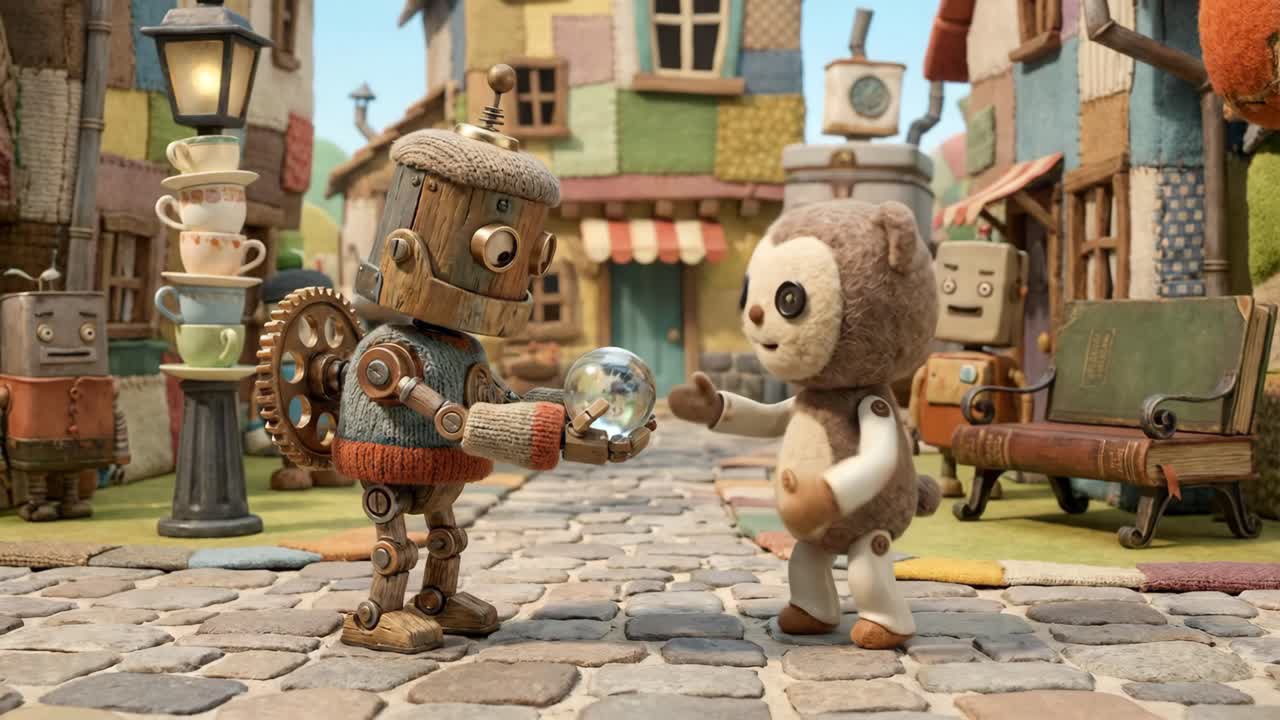 Animated Robot and Bear Characters Passing a Bubble in a Whimsical ...