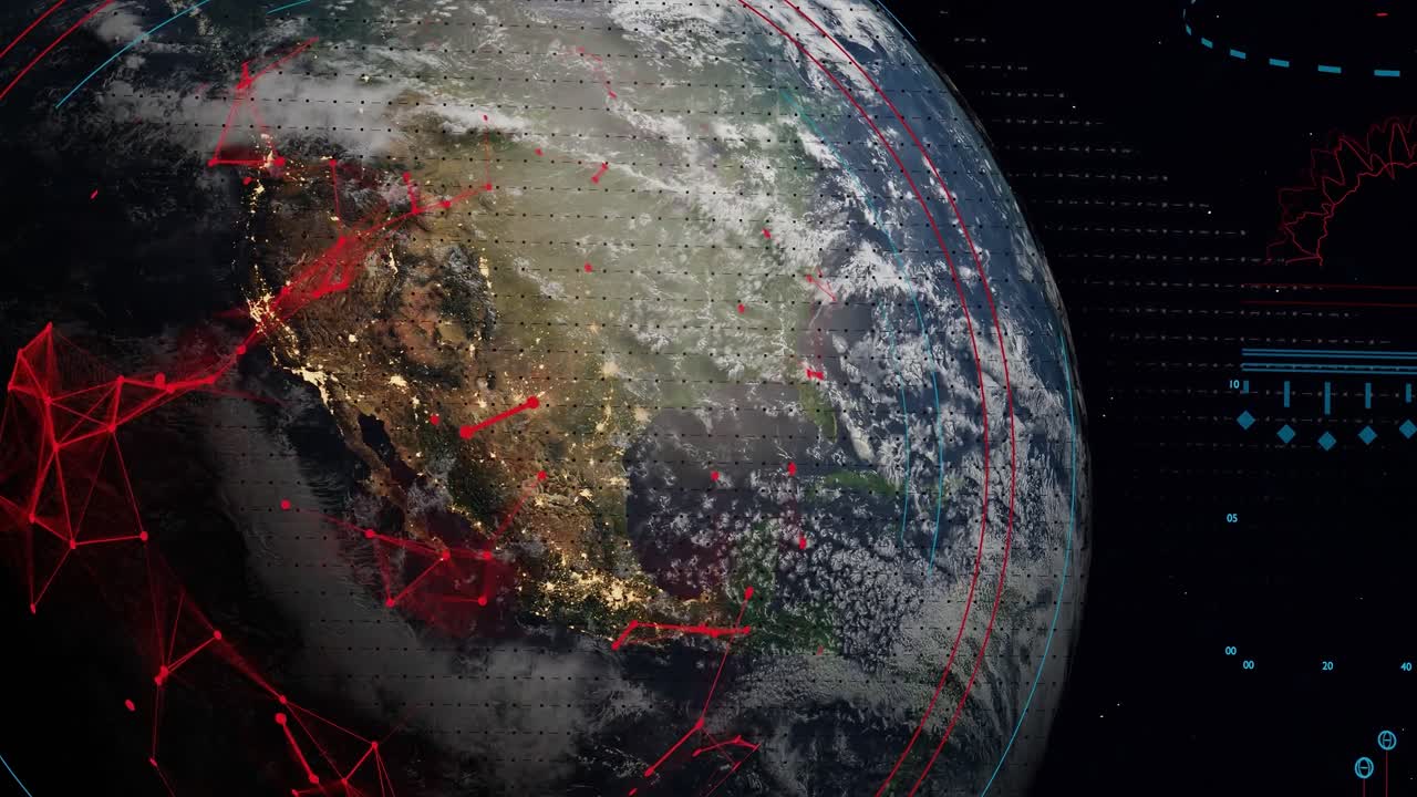 Planet earth spinning view from the space with infographic and network ...