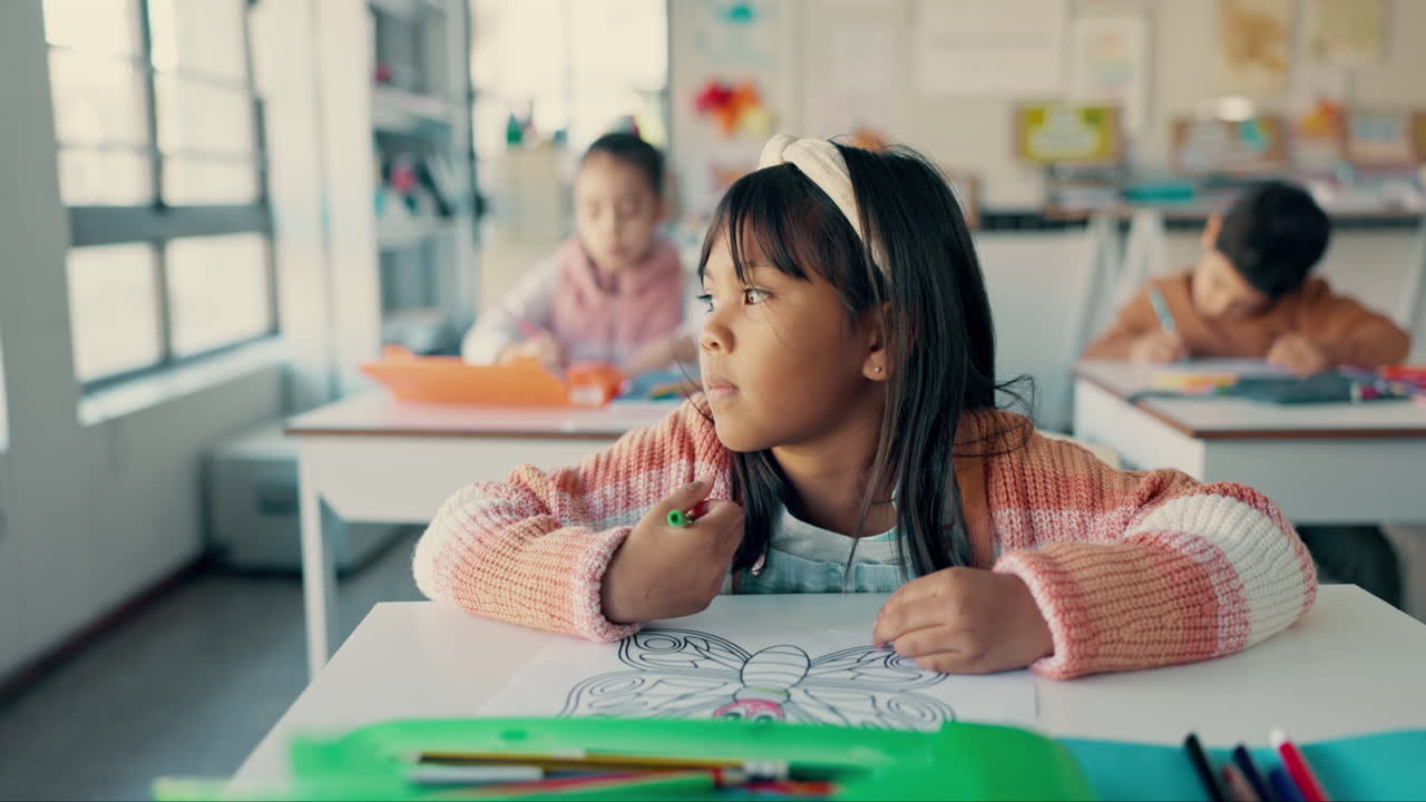 Premium stock video - Girl, child and thinking in classroom