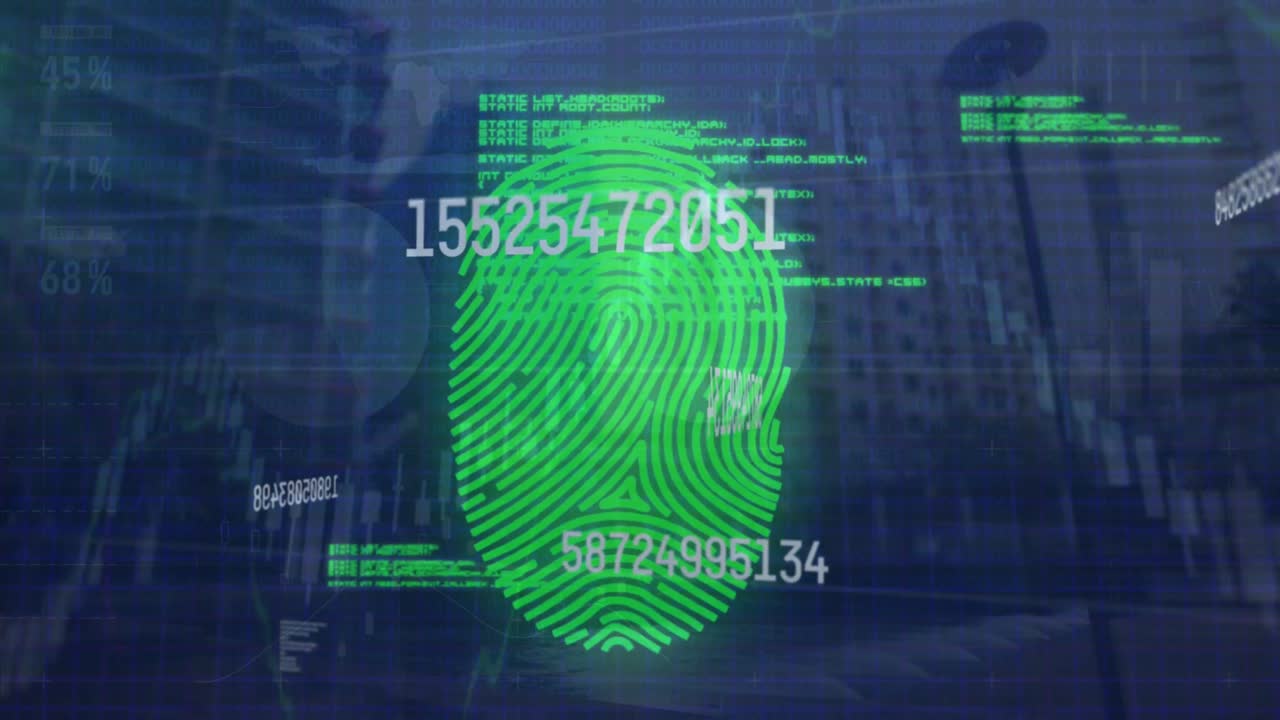 Premium stock video - Animation of numbers, financial data processing over biometric fingerprint
