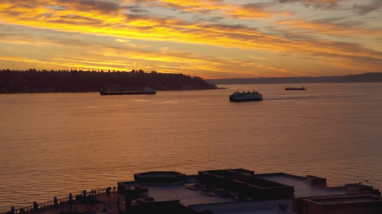 Ferry moving across puget sound sunset Premium Stock Video Footage