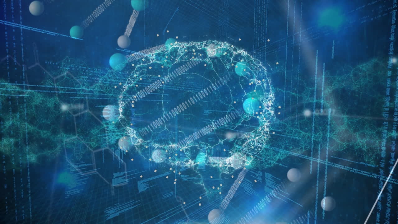 Animation Of Brain And Dna Chain Rotating Over Chemical Formulas And ...