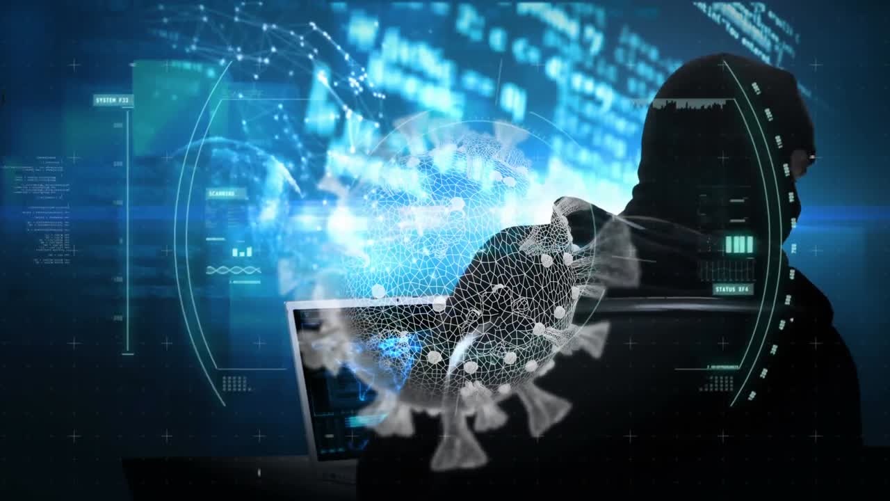 Animation Of A Hacker Hooded Man Over A White Cell Spinning And A Board ...