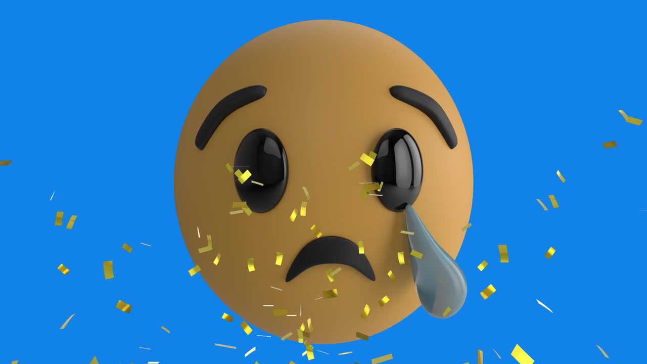 Digital Animation Of Golden Confetti Falling Over Crying Face Emoji ...
