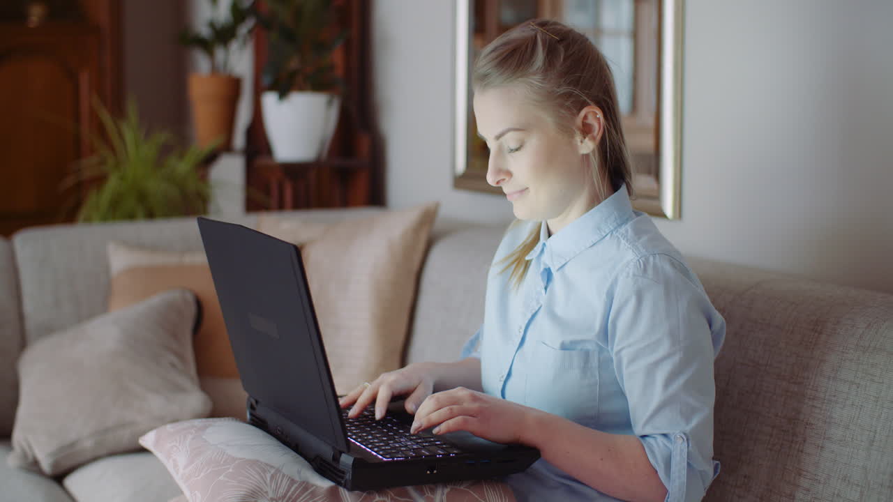 smiling woman working on laptop at home office businesswoman typing on computer keyboard 13 ...