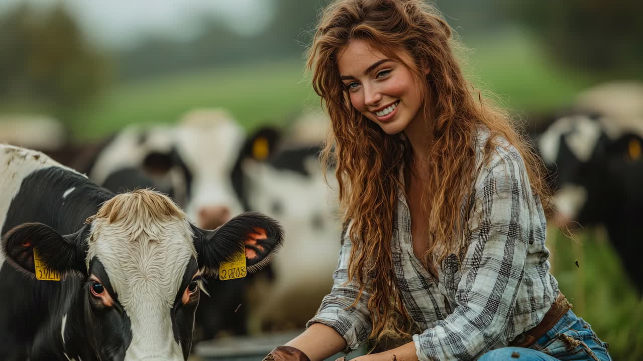 Outdoor moments with cows. A woman smiles as she interacts with a cow ...