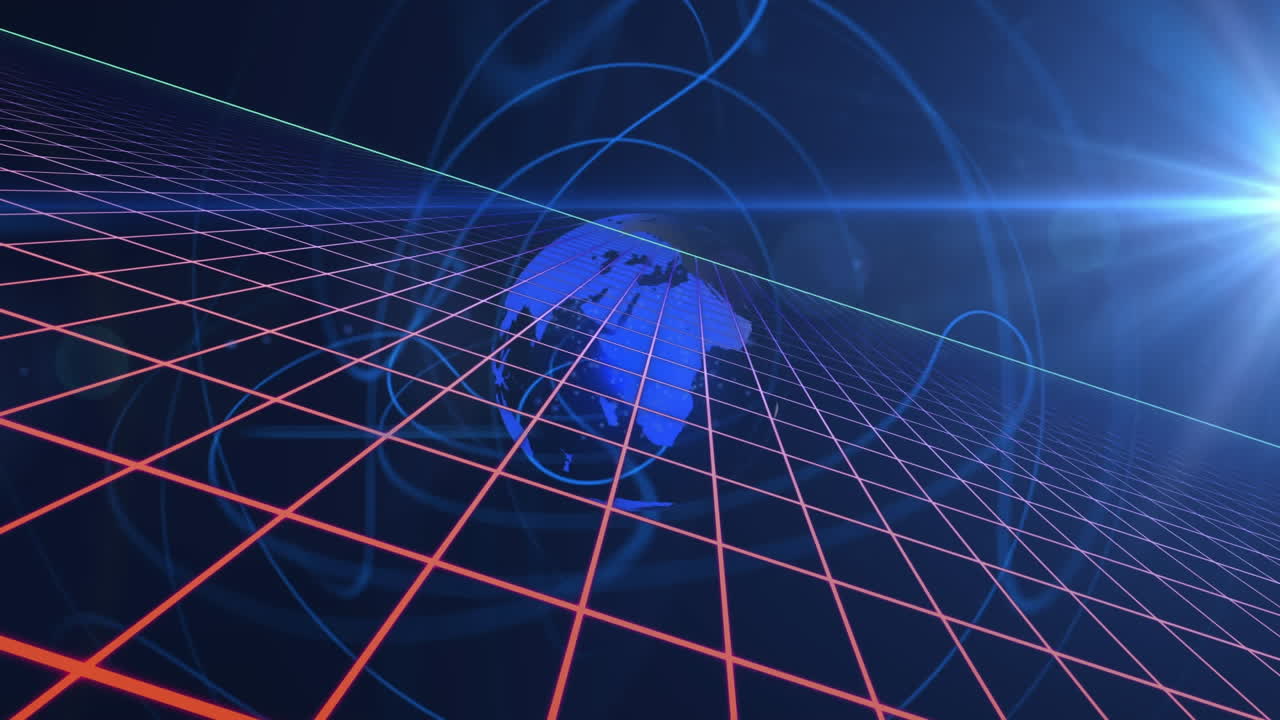 animation of grid pattern and spiral pattern around globe over lens ...