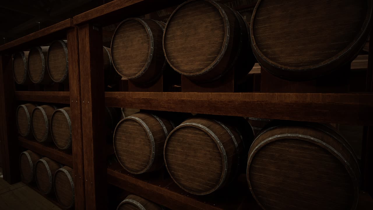 Wine Barrel Storage In The Wine Vault. Barrels Of Cognac, Wine Or ...
