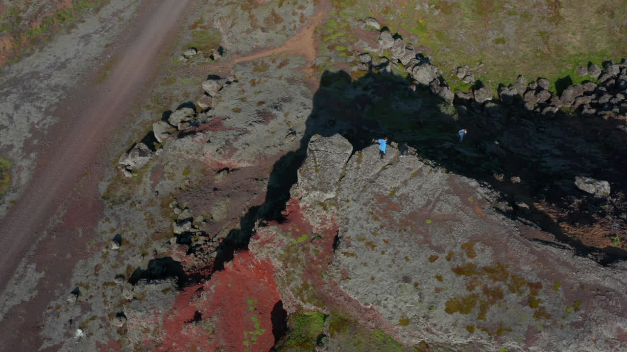 Overhead View Two Climbers Standing Top Hill In Iceland. Top Down View ...
