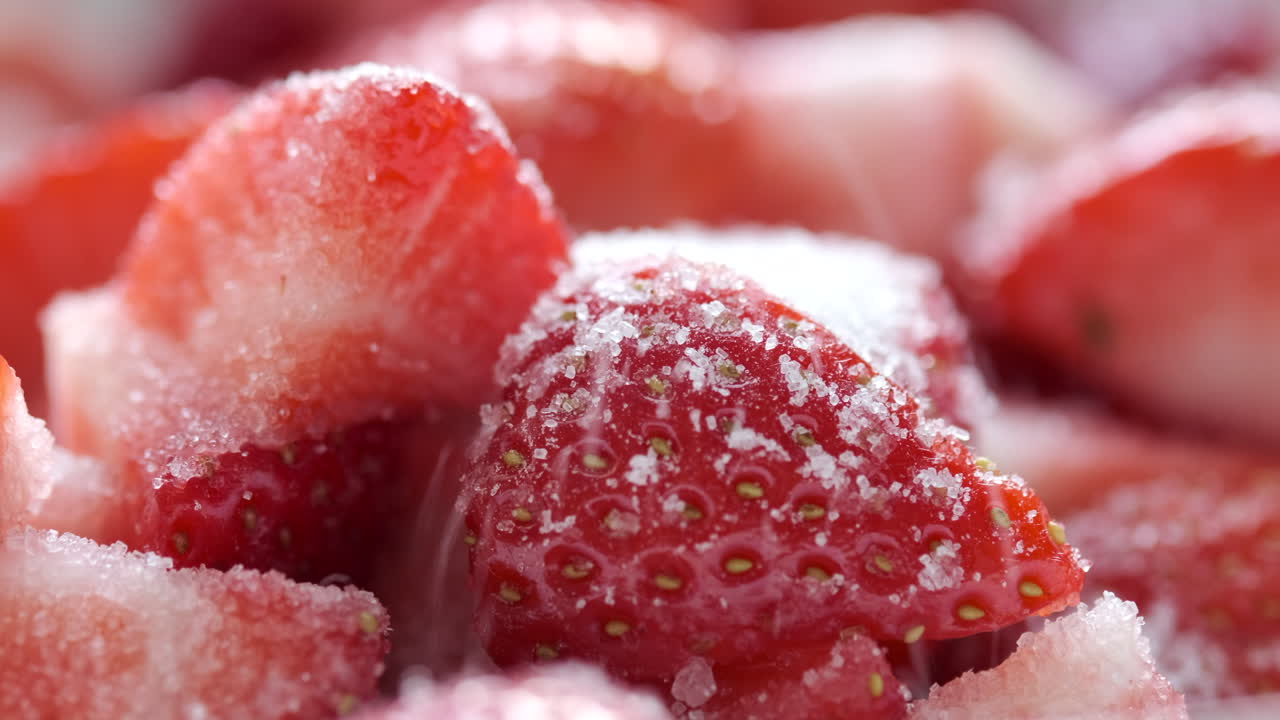 Fresh ripe red strawberries being washed and sprinkled with sugar in a ...